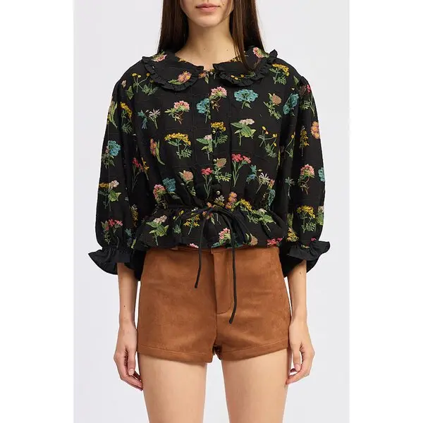JACQUIE THE LABEL Lia Embroidered Ruffle Peplum Button-up Shirt