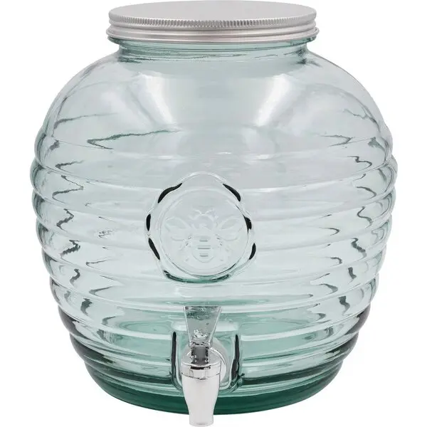 STORIED HOME Reclaimed Glass Ribbed Beverage Dispenser With Bee Embossing