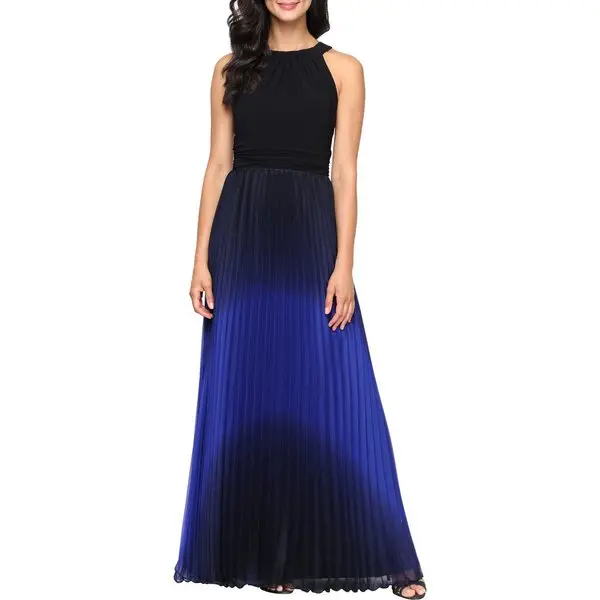 SL FASHIONS Pleated Ombré Chiffon Halter Gown