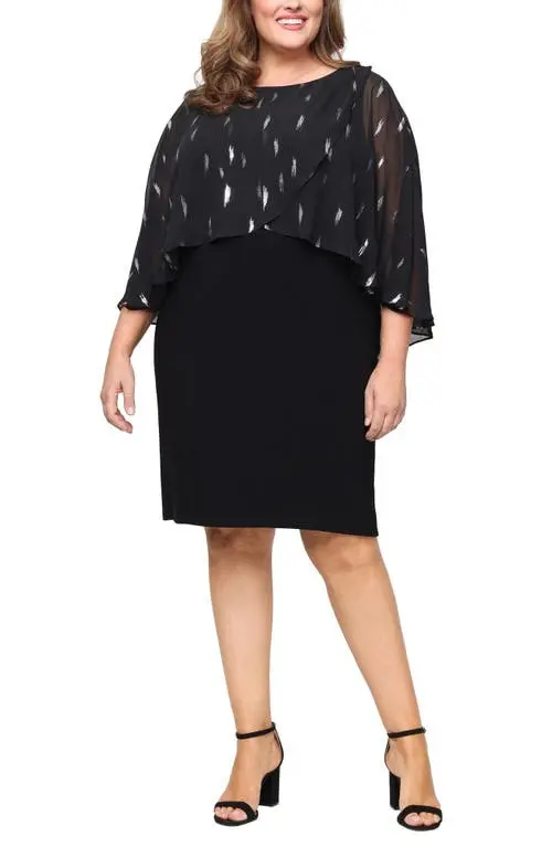 SL FASHIONS Foil Print Chiffon Capelet Cocktail Dress