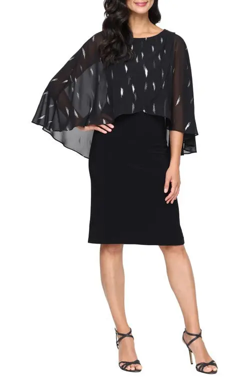 SL FASHIONS Foil Print Chiffon Capelet Cocktail Dress