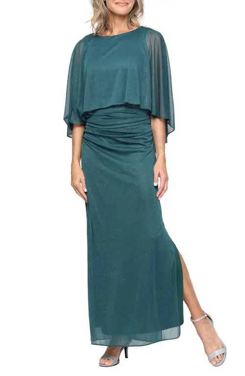 SL FASHIONS Long Column Dress With Cold Shoulder Capelet