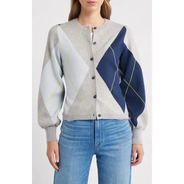 525 Argyle Balloon Sleeve Cardigan