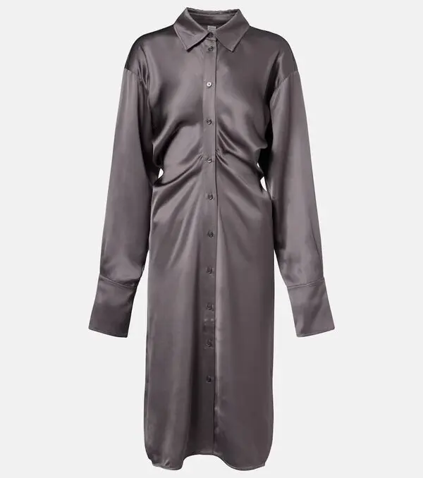 TOTÊME Draped Satin Shirt Dress - Grey