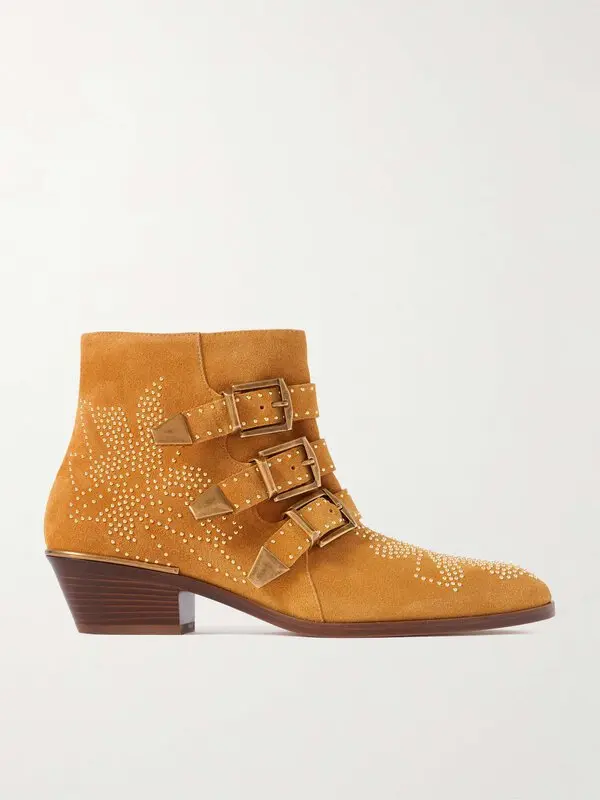 Chloé Susan Buckled Studded Suede Ankle Boots - Camel