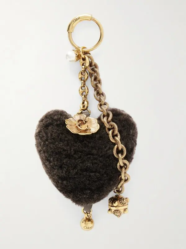 Chloé Shearling And Gold-tone Bag Charm - Gray
