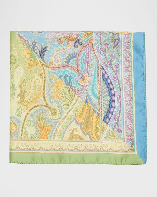 Etro Paisley Silk Pocket Square - Print On Green Base