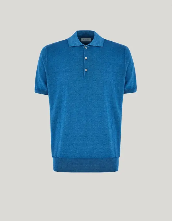 Canali Petrol Nuvola Polo In Garment-dyed Wool And Silk - Blue