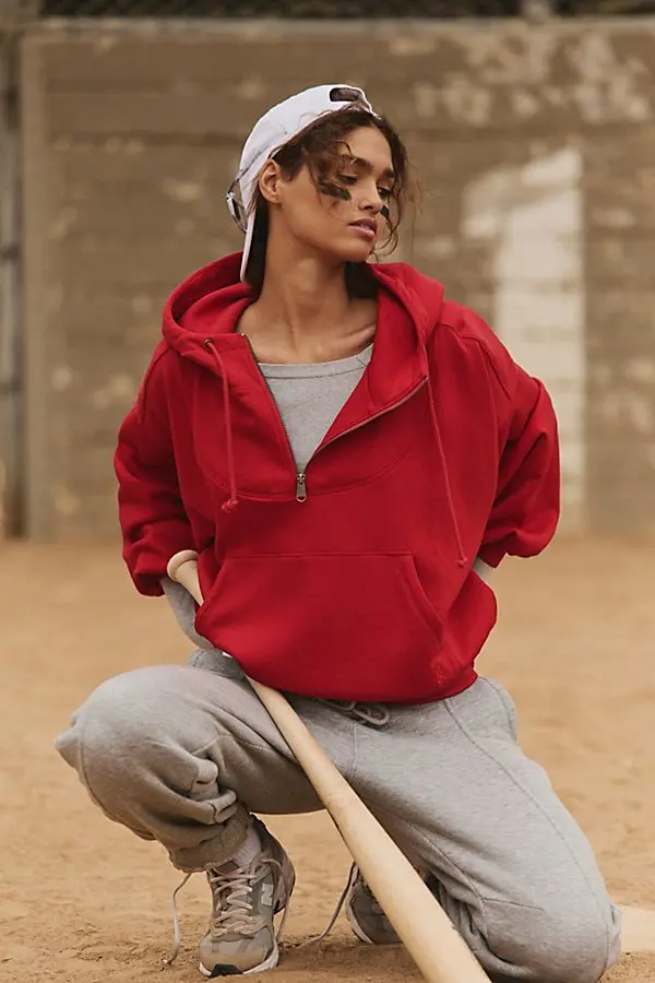 Free People On A Cloud Half Zip Hoodie - Cranberry