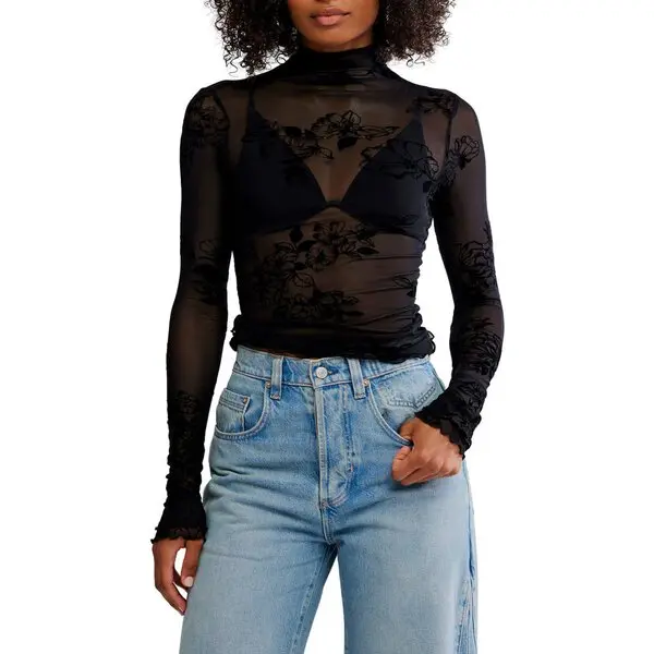 Free People Lace Mesh Top - Black