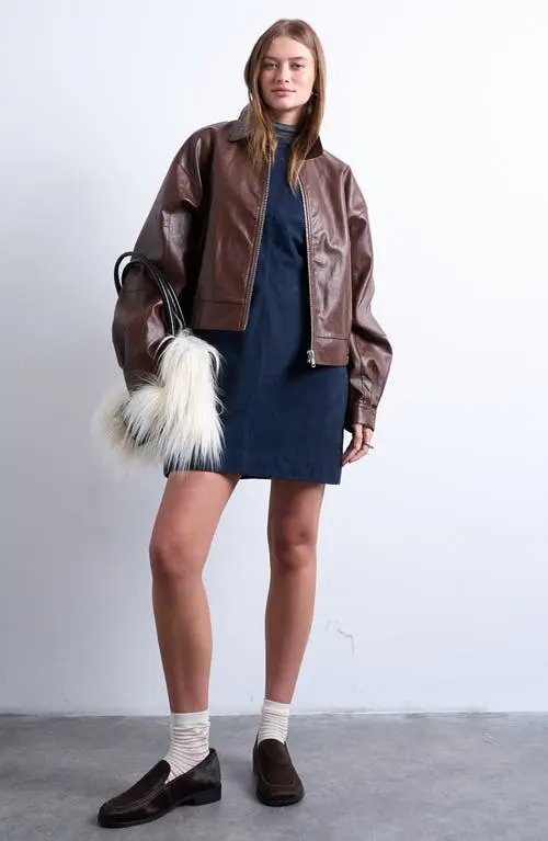 Topshop Oversized Faux Leather Jacket - Brown