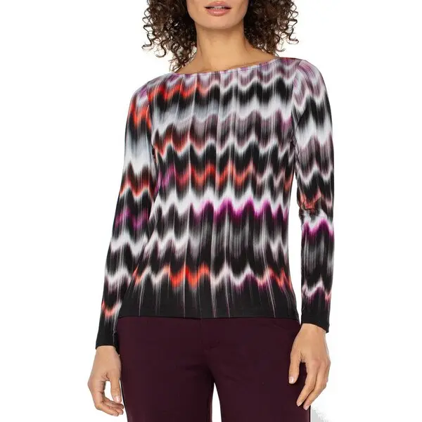 LIVERPOOL Abstract Print Boat Neck Long Sleeve Top - Multi Wavy Stripe