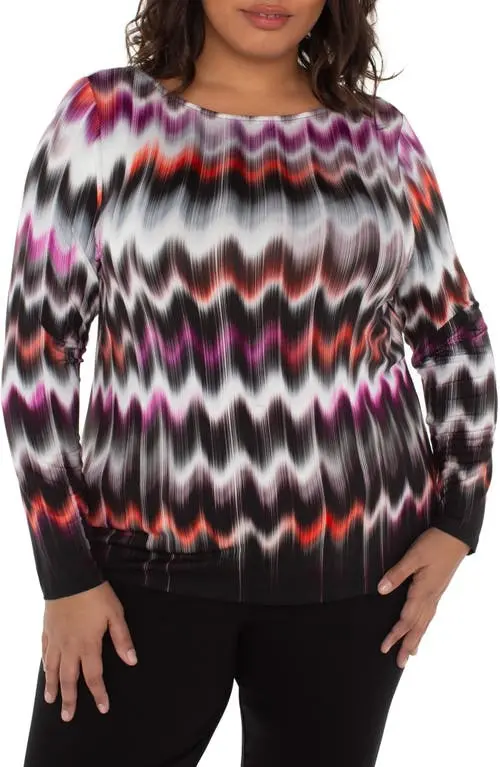 LIVERPOOL Abstract Print Boat Neck Top - Multi Wavy Stripe