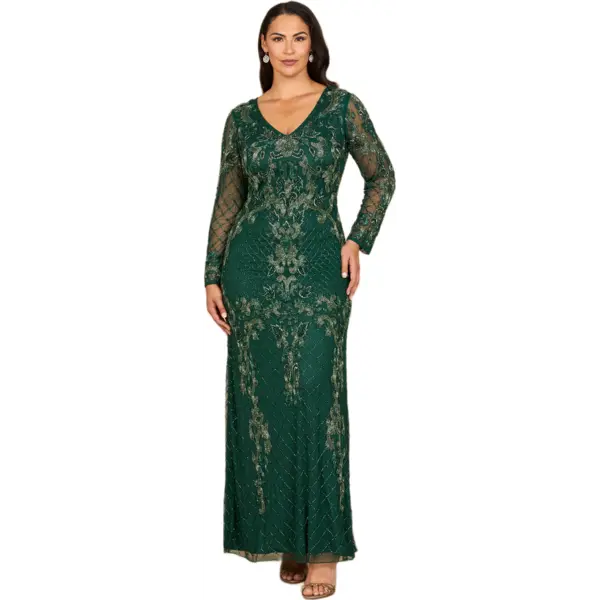 LARA NEW YORK Long Sleeve Beaded Gown