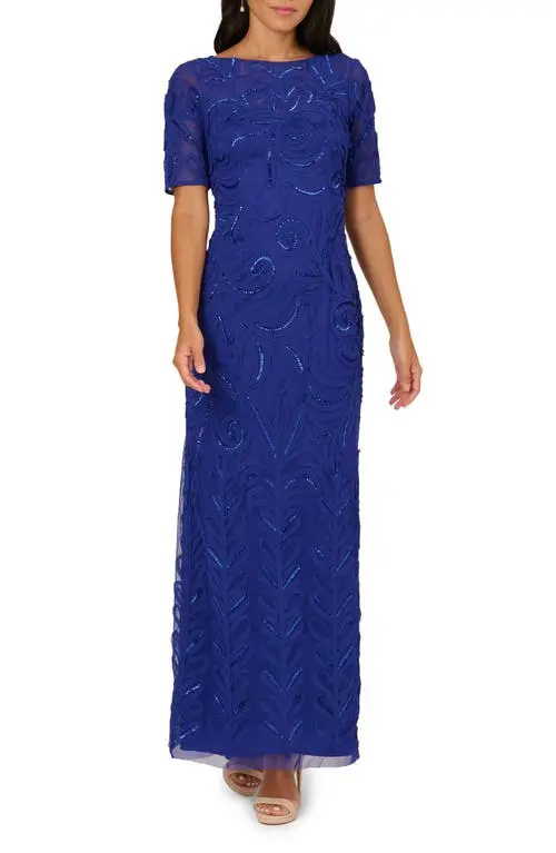 Adrianna Papell Short Sleeve Soutache Column Gown