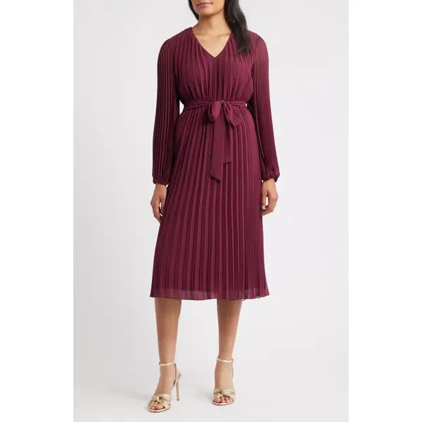 Sam Edelman Pleated Long Sleeve Chiffon Midi Dress - Bordeaux