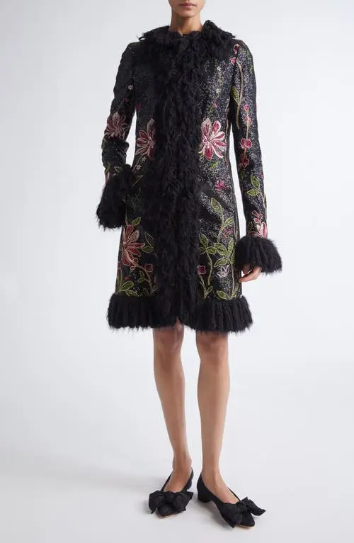 Giambattista Valli Sequin Floral Embroidered Coat With Faux Fur Trim