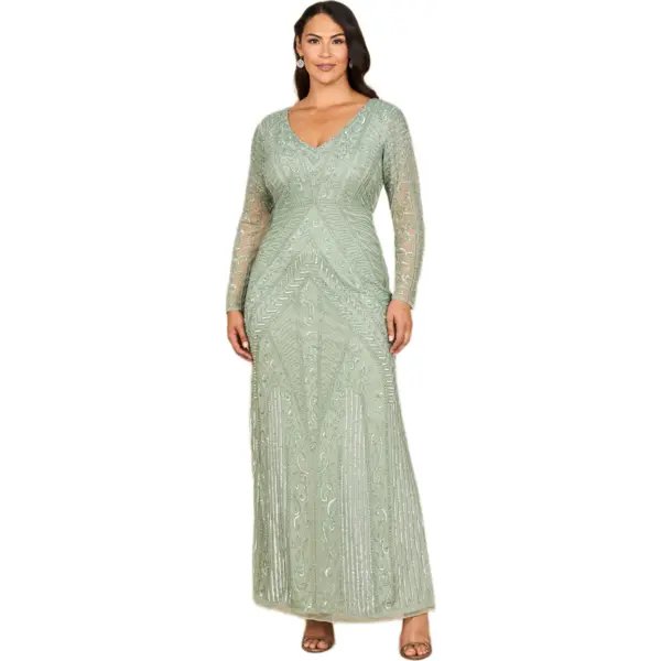 LARA NEW YORK Long Sleeve Geometric Beaded Gown