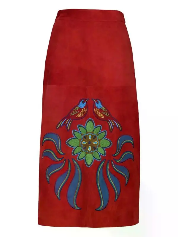 PAULA Corvus Bird-embroidered Suede Skirt