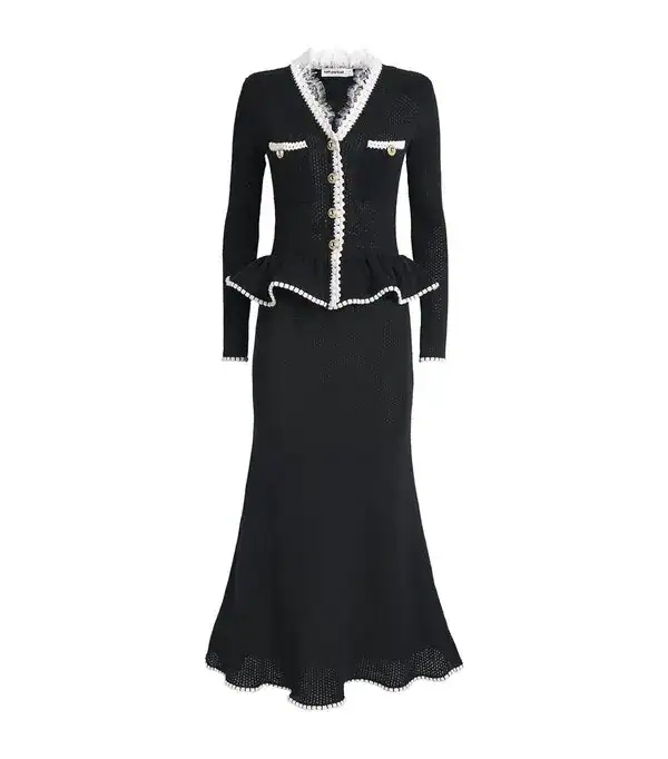 Self-Portrait Lace-Trim Peplum Midi Dress - Black