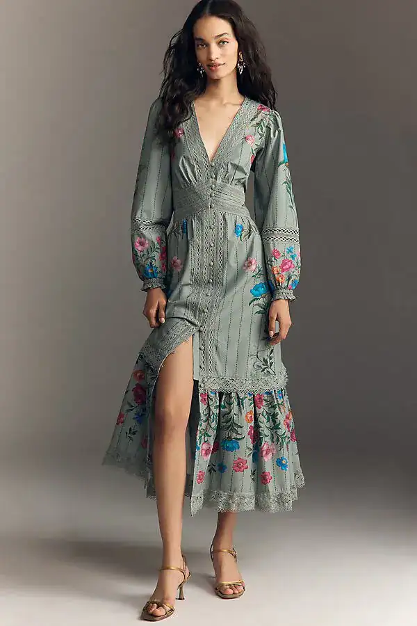 Anthropologie Floral Button-Front Midi Dress In Green Pattern - 30% Off |  Editorialist