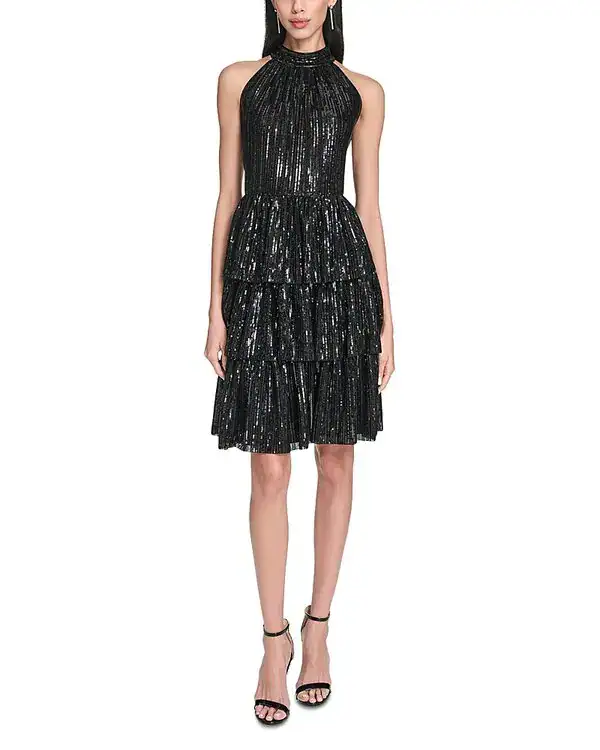Eliza J Mock Neck Tiered Skirt Cocktail Dress - Black - 8