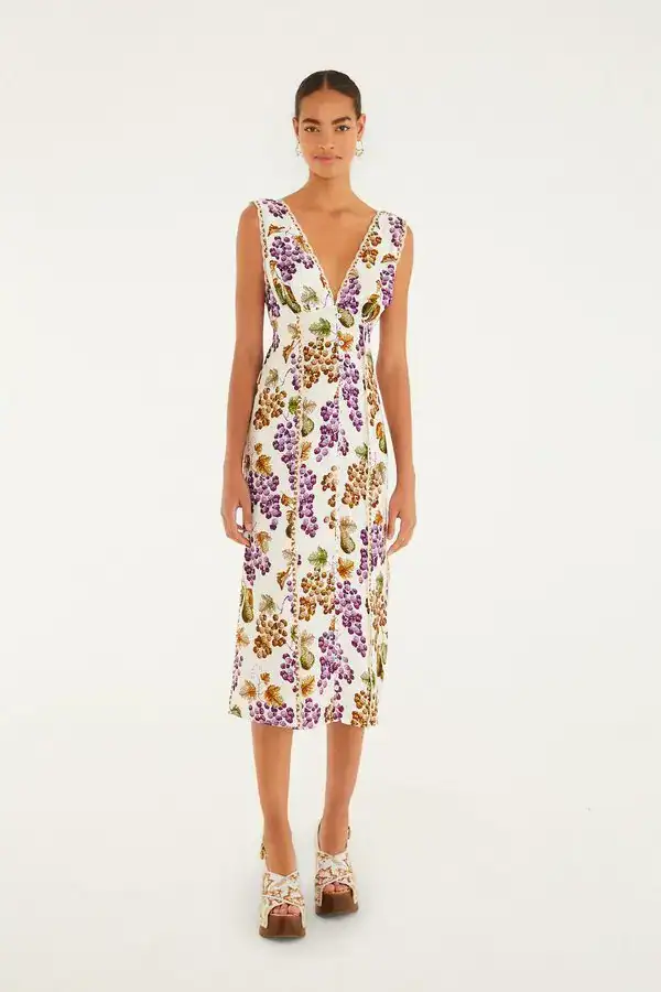 Farm Rio Cream Grape Garden Viscose Midi Dress - Grape Garden Cream |  Editorialist