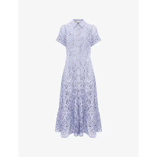 Phase Eight Womens Pale Blue Carmine Frilled-Sleeve Midi Lace Dress 14