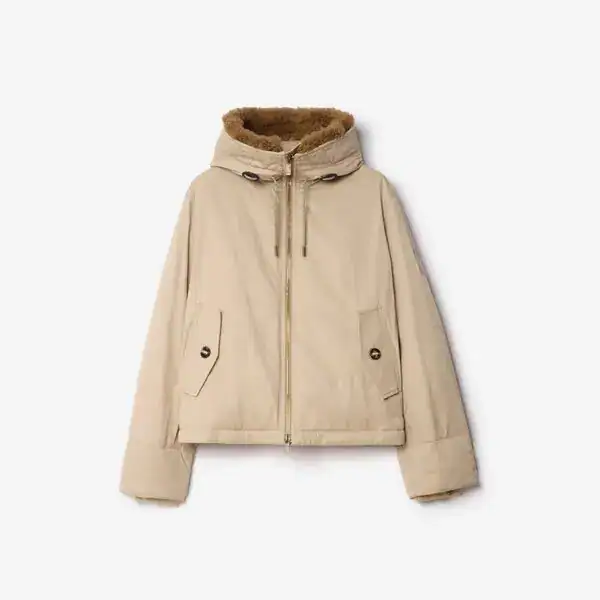 Burberry Shearling Trim Gabardine Hooded Jacket - Hamper Beige ...