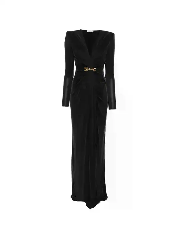Elisabetta Franchi Lurex Jersey Red Carpet Dress With Knot And Logo  Accessory - Black | Editorialist