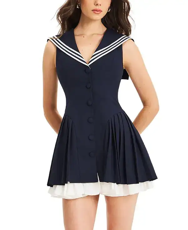 open lace back dress V Neck Navy Blue Bow Pleated Short Dress – Ohmollydress main image 1