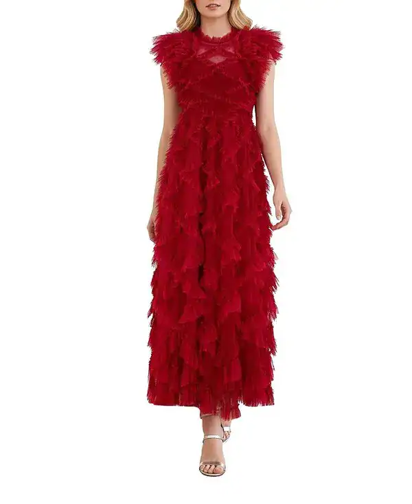 sachin and babi light blue dress Needle & Thread Genevieve Ruffle Maxi Gown - Deep Red/Fuchsia