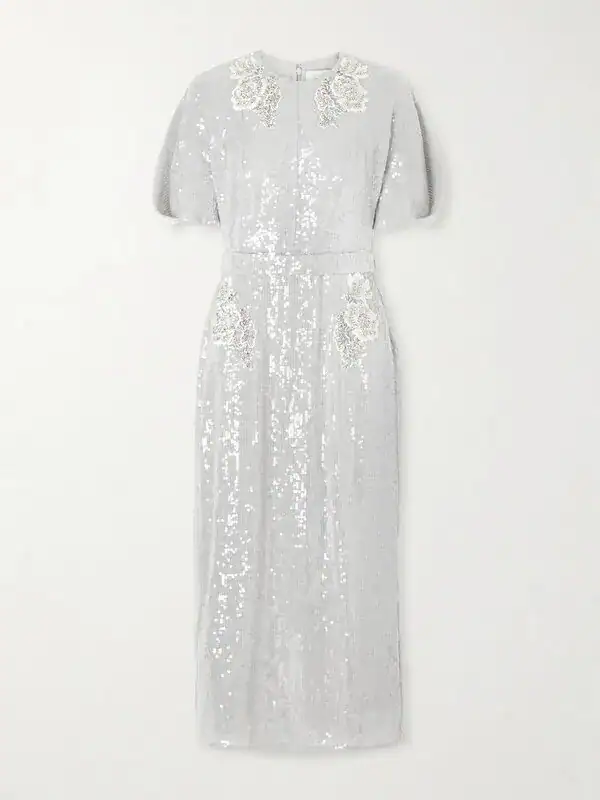 Erdem Embellished Sequined Chiffon Midi Dress - Silver