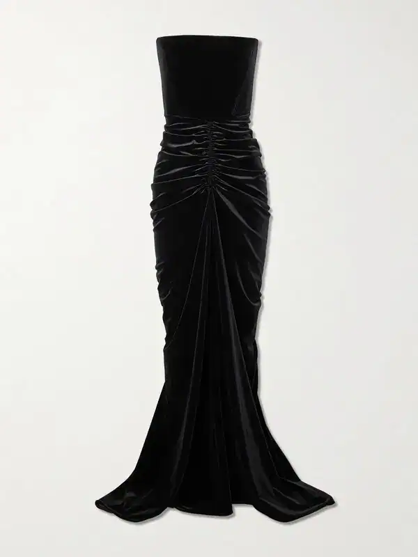 Alex Perry Strapless Ruched Velvet Gown - Black | Editorialist