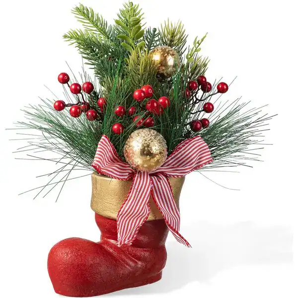 Glitzhome Christmas Boot With Pine Needle & Berry Centerpiece - Red ...