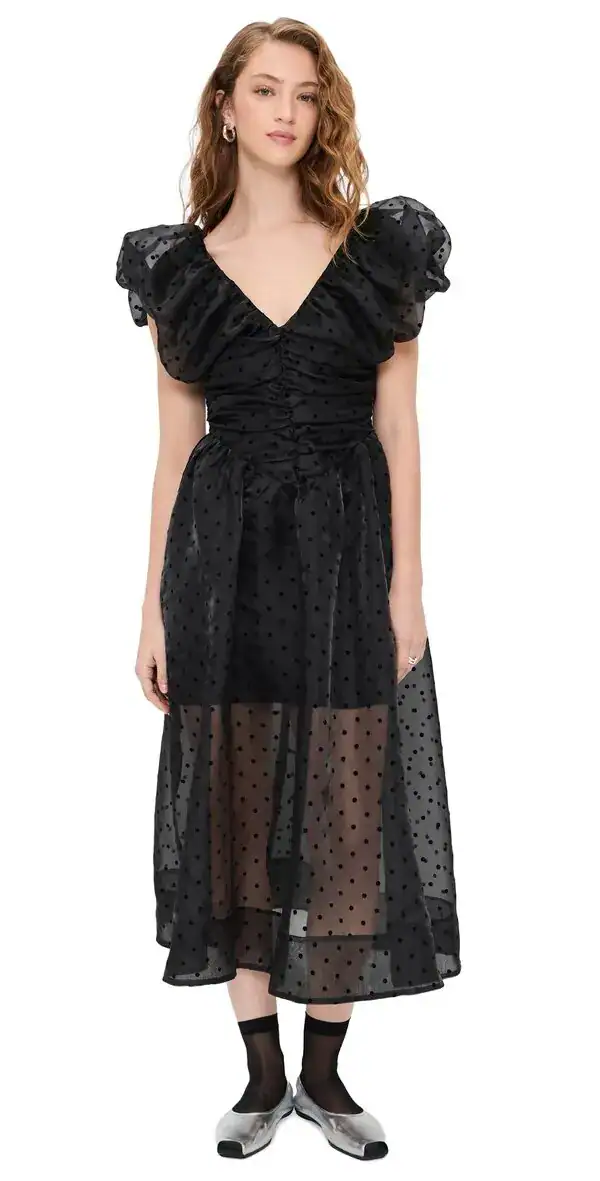 white christmas dresses Ganni BLUE FLORAL CRINKLED SATIN LONG DRESS – Shop at the Mix main image 1