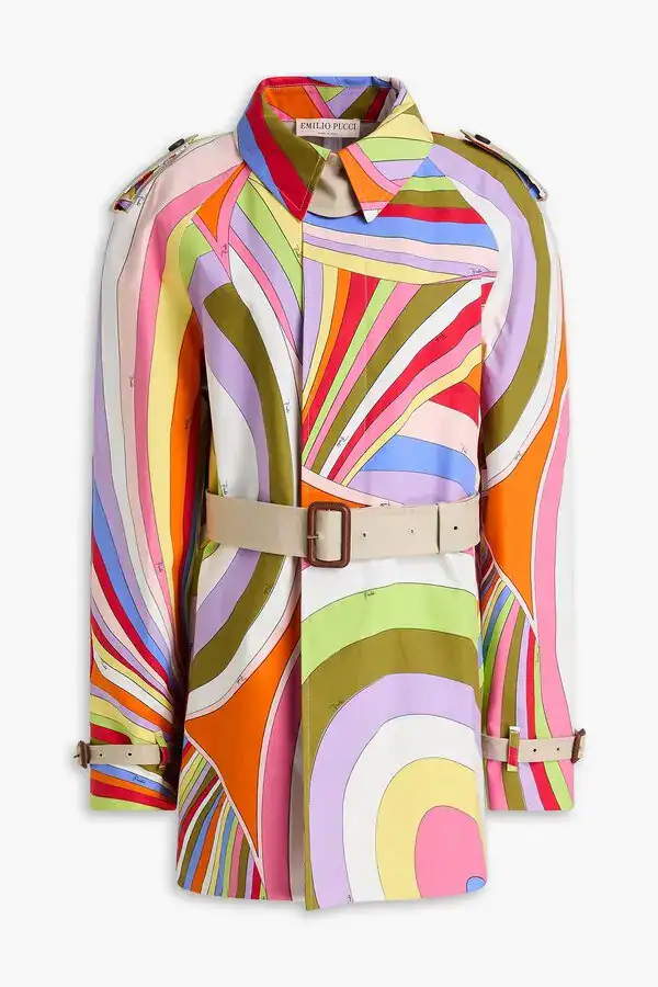 【イタリア製】EMILIO PUCCI トレンチコート 薄手 マルチカラー Emilio Pucci Belted Printed Cotton-Sateen Trench Coat In Lavender