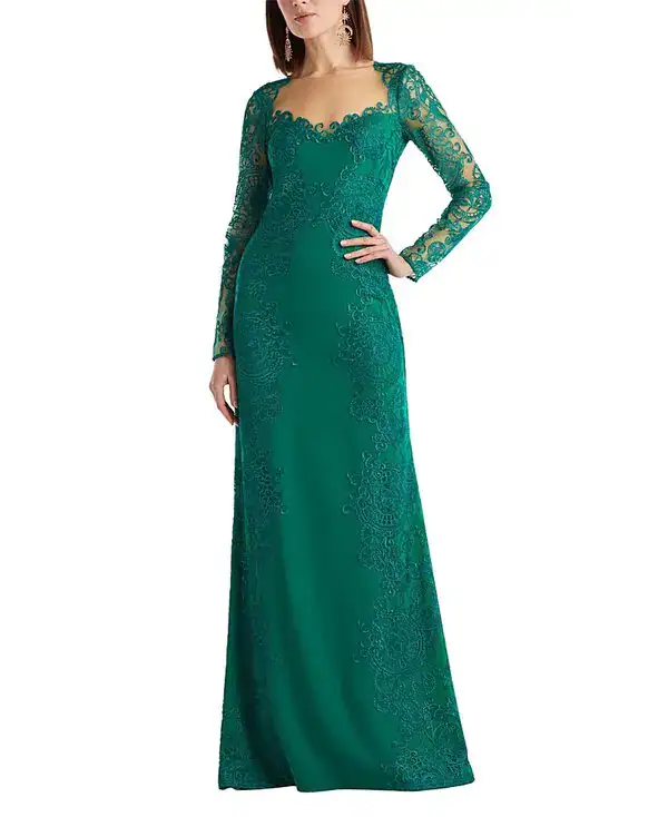 Tadashi Shoji Embroidered Lace Gown - Emerald | Editorialist