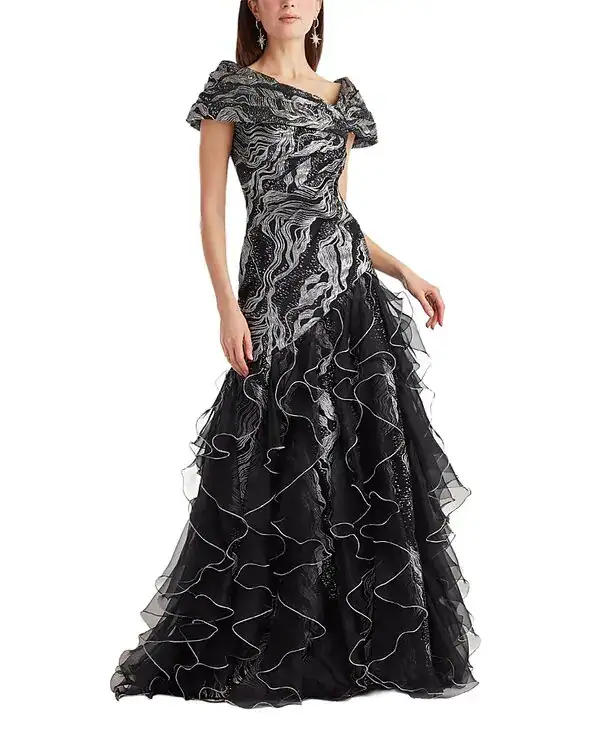 slim fit dress slacks Tadashi Shoji Women's Embellished Lace Evening Gown - Red main image 1