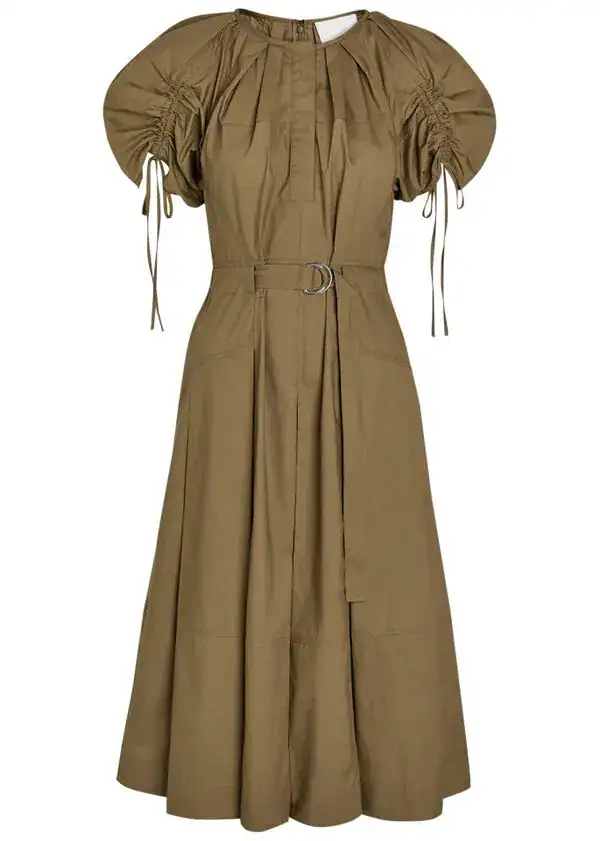 3.1 Phillip Lim Women's Ruched-Sleeve Belted Poplin Cotton Midi-Dress - Caper - Size 8