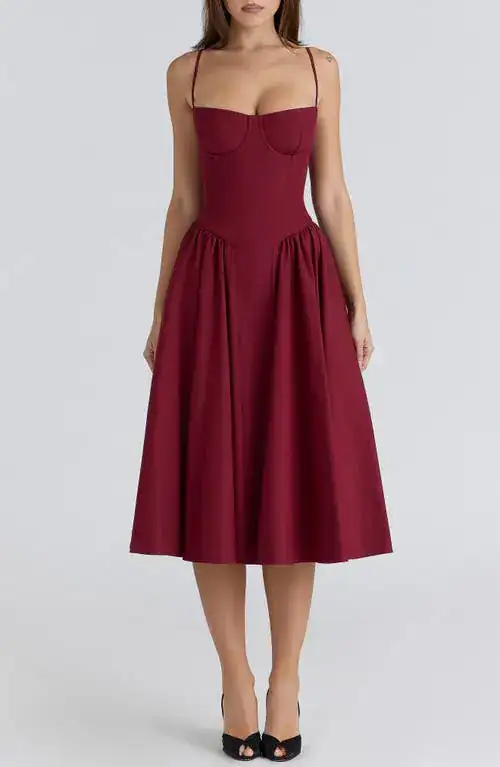 House Of Cb Samaria Corseted Woven Midi Dress - Wine | Editorialist