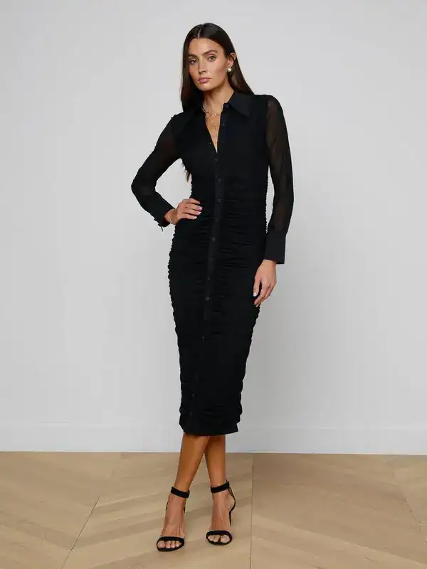 L'Agence Adriana Ruched Midi Dress - Black | Editorialist