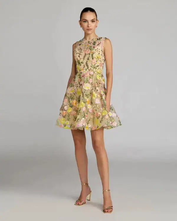 Mac Duggal - Yellow Floral Embroidered Sleeveless A-Line Mini Dress - US 2
