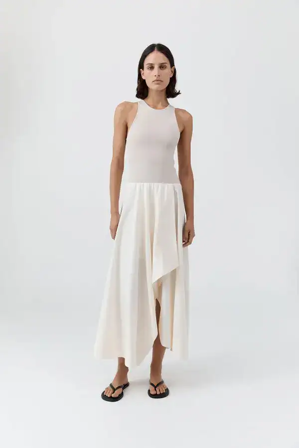 St. Agni Knit Bodice Asymmetrical Maxi Dress - Ecru - 20% Off | Editorialist