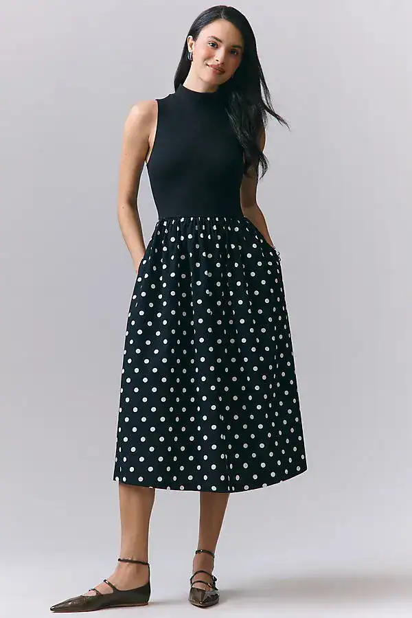 Anthropologie Sleeveless Twofer Midi Dress In Black Dot - 30% Off |  Editorialist