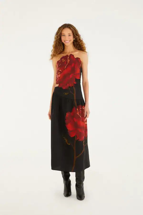 Farm Rio Black Rosalia Artisanal Strapless Midi Dress - Rosalia Placed  Black | Editorialist
