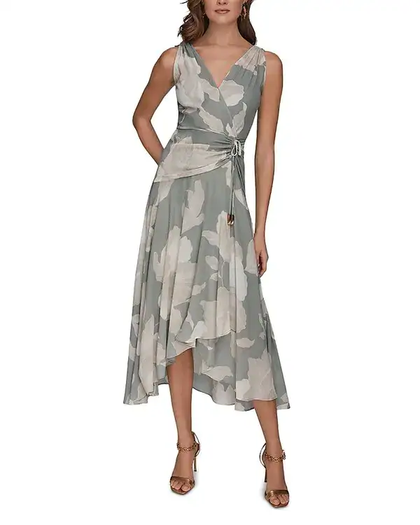 Donna Karan New York Sleeveless Wrap-Effect V-Neck Floral Midi Dress -  Weathered Sage/ Cream - 47% Off | Editorialist