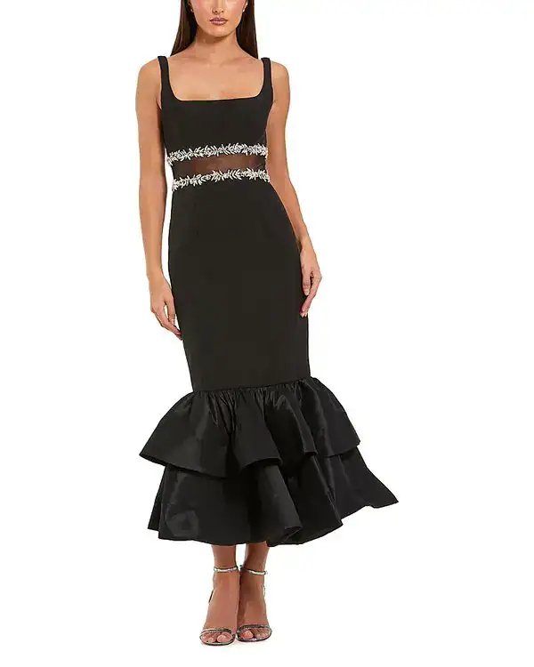 Mac Duggal Petite Crepe Midi Dress With Jewel Detail And Ruffle Hem In  Black | Editorialist