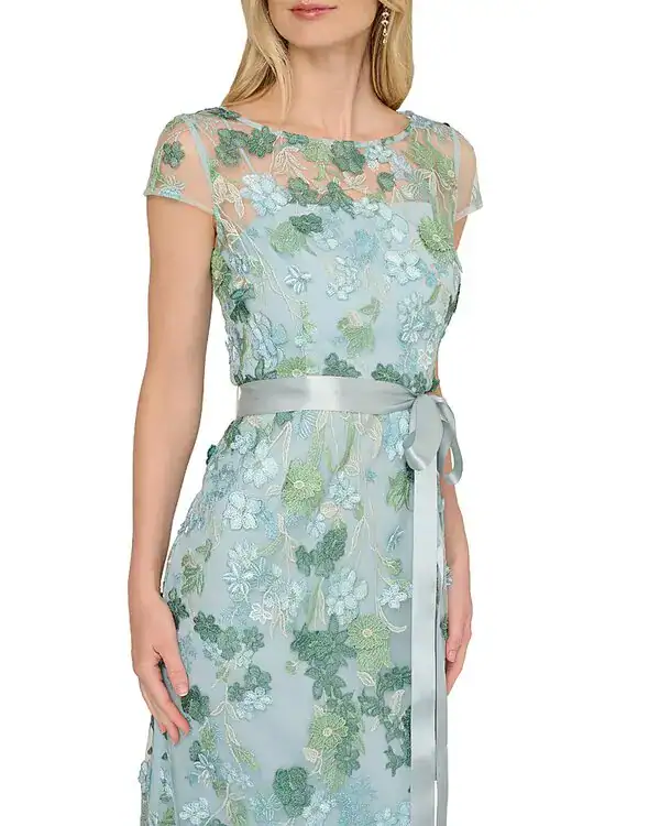 Adrianna Papell Embroidered Belted Gown In Sage - 25% Off | Editorialist