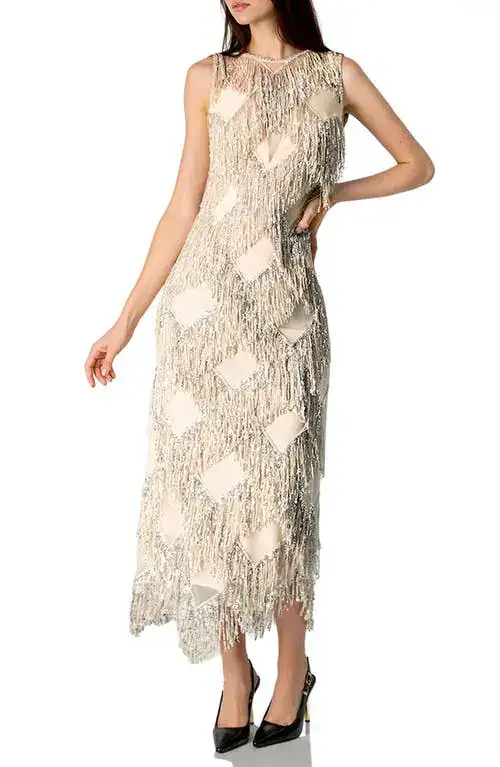 Ivonne Deco Shimmer Fringe Midi Dress - Silver | Editorialist
